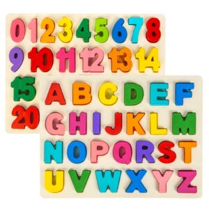 attmu wooden puzzles for toddlers, alphabet puzzle and number puzzle, 2 in 1 preschool educational learning toys with chunky wood abc puzzle board, for girls boys kindergarten set of 2