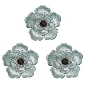 8 inch metal flower wall art multiple layer decor for home bedroom living room office garden set of 3 (blue)