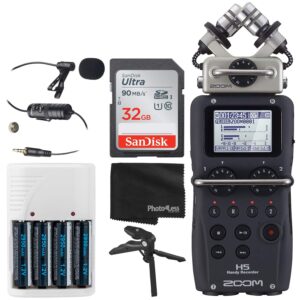 zoom h5 4-input / 4-track portable handy recorder with interchangeable x/y mic capsule + 32gb memory card + lavalier condenser microphone + 4 aa batteries & charger + tabletop tripod/handgrip