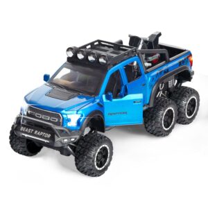 sasbsc f-150 pickup truck toy refitted 6x6 off-road model truck 1/24 scale die-cast metal toy car (blue)