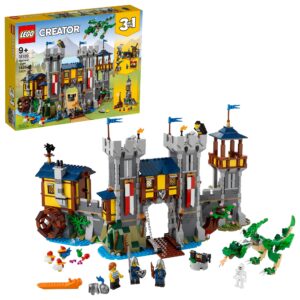 lego creator 3in1 medieval castle toy to tower or marketplace 31120, with skeleton, dragon figure, 3 minifigures and catapult