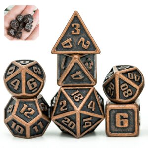 udixi 10mm mini metal dnd dice set, 7-die small metal dice portable tiny polyhedral rpg dice for d&d dungeons and dragons role playing games (copper)