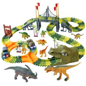 iqkidz dinosaur world race track toys - 216pcs flexible track playset with 1 dinosaur car, 1 race car, 6 dino toys, for kids 3 4 5 6 year & up old (boys and girls)