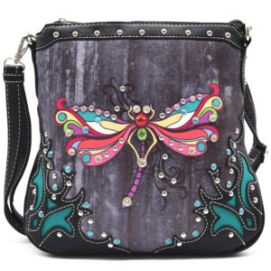 colorful dragonfly western style spring rhinestone gem studded purse leather crossbody handbag women single shoulder bag (black)