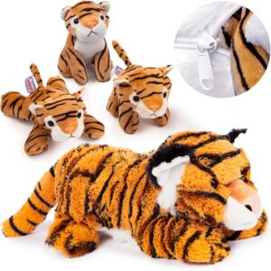 prextex plush tiger with zippered pouch for its 3 little plush baby tigers - plushlings collection soft stuffed animal playset