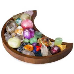 curawood moon tray crystal holder - display your crystals & healing stones - 10" x 5" crescent moon tray for crystals - crystal holder for stones display - crystal display tray, crystal charging plate