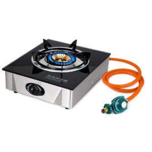 single propane gas burner stove with auto ignition tempered glass top hose & regulator for camping and outdoor cooking (one burner)