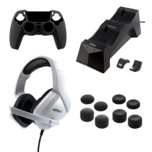 deluxe master pak for playstation®5 | dual controller charge base | high quality wired ergonomic headset designed for over ears | silicone grip controller cover and 8 thumb stick caps