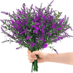 12 bundles artificial lavender flowers, greenery bushes bouquet, faux plastic greenery for indoor outside hanging plants, plastic fake plants flowers home garden wedding party decor (fuchsia)