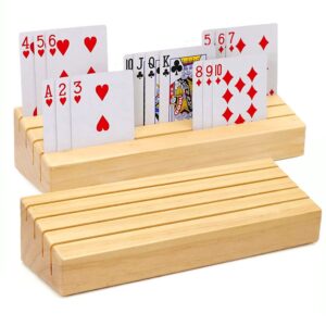 plusvivo card holders for playing cards set of 2, pine solid wooden playing card holders for adults seniors kids 9.84 x 3.15 x 2.25 inch, uno/ canasta/ bridge/ hand and foot card holder