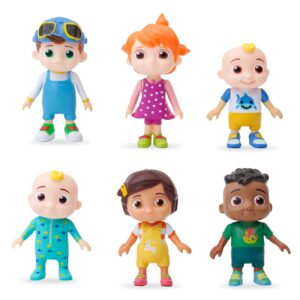 cocomelon official friends & family, 6 figure pack - 3 inch character toys - features two baby jj figures (tee and onesie), tomtom, yoyo, cody, and nina - toys for babies and toddlers