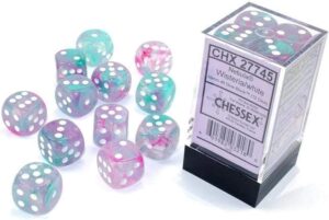 chessex nebula 16mm d6 wisteria/white w/luminary dice block (12 dice)