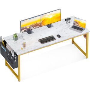 odk computer desk large office desk, 63 inch gaming desk with storage, modern pc desk work table with headphone hook for home office, spliced board, white + white leg