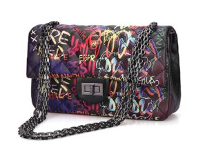 voguzy fashion quilted handbags for women graffiti pu crossbody bags shoulder handbags purse with metal chain black graffiti