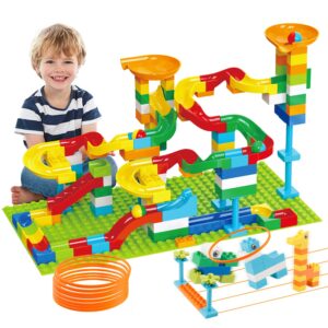 anpcso 2-in-1 kids toys for 2 3 4 5 6 7 + year old boys girls toddlers upgrade classic big bricks marble run building blocks, toss ring games compatible with all major brands for christmas birthday