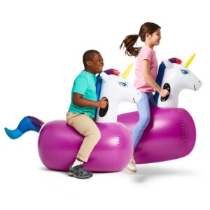 hearthsong hop n go inflatable unicorn riding bouncy hopping toys for kids ages 5+ - ride on bouncer animal hopper jumping toys for outdoor games (2 pack)