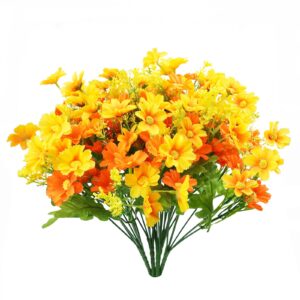 uieke artificial fake flowers, 6 bundles daisy mums flowers outdoor uv resistant no fade greenery shrubs plants indoor outside hanging planter home wedding diy garden porch décor (orange yellow)