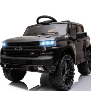 bopilon 12v electric car for kids,licensed chevy silverado truck kids ride on car with remote control battery powered electric vehicle toy car, 4-wheeler suspension, music& lights, 3 speeds(black)