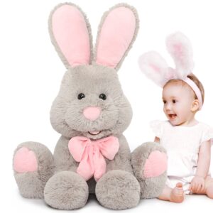 morismos giant bunny stuffed animal, 31.5'' large grey rabbit plush toy with pink ears, soft toy for girls/boys, ideal gift for easter, halloween, christmas, cuddling, snuggling