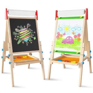 tiny land easel for kids with 2 drawing paper roll, learning-toy for 3,4,5,6,7,8 years old boy & girls, wooden chalkboard & magnetic whiteboard & painting paper stand, gift & art supplies for toddler