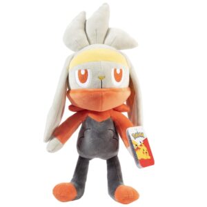 pokémon large 12" raboot plush - officially licensed - sword & shield scorbunny & cinderace evolution - quality soft stuffed animal toy - great gift for kids, boys, girls