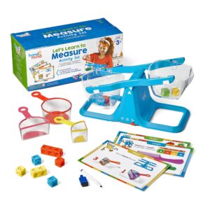 hand2mind let's learn to measure activity set, kids measuring cups, bucket balance, mathlink cubes and activity cards set, teacher supplies, classroom supplies, preschool learning, toddler learning