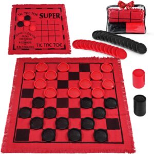 giant checkers board games, 3 in 1 tic tac toe board game with 24 checker pieces reversible rug - indoor and outdoor games for family & party -gift ideas for teen boys, kids, adults