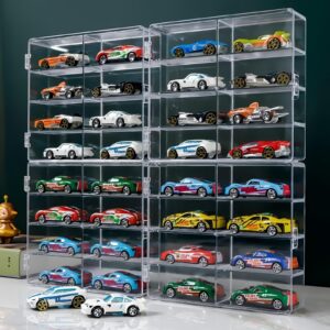 hot 1/64 scale matchbox toy car display box 4 piece toy car storage box holds up to 32 hot wheels cars, clear display box with clear snap-on dust cover