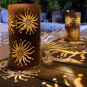 pearlstar outdoor solar table lamp 2pack metal sunflower shape solar lantern lights, retro orange finish, outside decor for patio garden yard pathway tabletop waterproof(sunflower)