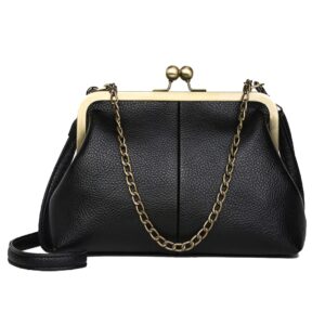 women small vintage chains handbag - pu leather kiss lock purse(black)