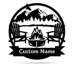 realsteel personalized campfire name sign - custom metal wall art with adirondack chairs, mountains, and campfire scene - rustic cabin, rv, and campsite decor - gift for campers & nature lovers - black, 18"