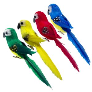 lwingflyer 4pcs realistic artificial parrot birds with feathers for garden decoration home decor (assorted colors red & yellow & green & blue)