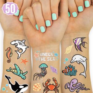 xo, fetti underwater sea creature temporary tattoos - 50 glitter styles | ocean animal birthday party supplies, shark, dolphin, crab, fish, arts and crafts