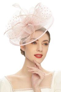 fascinators hats for womens 50s headwear with veil flower cocktail wedding tea party church derby hat(3-blush pink)