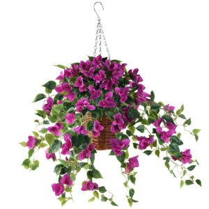 inqcmy artificial flowers hanging basket with 4 branches bougain villea silk vine flowers for patio lawn decor,artificial hanging plant in coconut lining basket for outdoor indoor(purple)