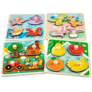 funsland wooden peg puzzles 4 pcs animal patterns puzzles infant fine motor skill wood puzzle set for 1 2 3 years old