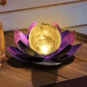 qzzp solar lights outdoor garden decor,crackle globe glass decoration,outside waterproof purple metal lotus flower for pathway,walkway,patio,yard,lawn,tabletop,ground