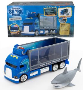 shark week discovery - rescue transport truck toy playset for kids, includes moving toy truck with lights and sounds, great white shark tank, hand painted, realistic, eco friendly, officially licensed