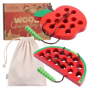 klt lacing toy for toddlers, wooden threading toys, 1 apple and 1 watermelon with bag, educational and learning montessori activity for baby and kids, great car and plane puzzle travel games