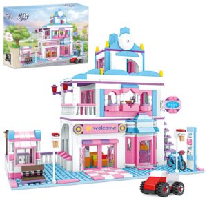 brick story dream girls friends shopping mall building set 808 pieces, with supermarket and restaurant building playset, 4 mini toy figures, girls friends house building toys for kids age 6-12 8-14