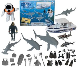 shark week discovery deep ocean explorer big toy playset for kids, toy boat action figure scuba diver deep sea diver, great white shark, hammerhead, hand painted, eco friendly, officially licensed