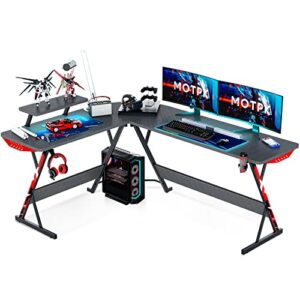 motpk l shaped gaming desk 66 inch, gaming computer desk l shape with carbon fiber surface, gamer desk gaming table with monitor shelf, cup holder & headphone hook, black