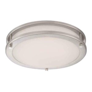 hampton bay lighting flaxmere 11.8 in. brushed nickel led flush mount ceiling light with frosted white glass shade, hb1023c-35