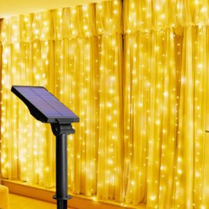 solar string lights twinkle 300 led window curtain string light solar powered 8 modes fairy lights for wedding party home garden bedroom outdoor indoor wall decorations, warm white