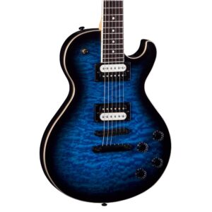 dean guitars 6 string thoroughbred x quilt maple electric guitar, trans blue burst, right, (tbx qm tbb)