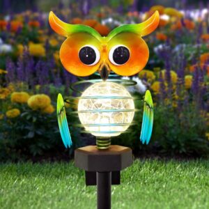 solar garden lights outdoor, solar owl lights waterproof decor, garden stake lights solar powered crackle glass globe lights outdoor warm white owl led lights for yard lawn patio pathway walkway