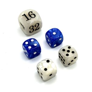 luck lab backgammon pearl dice set - 22 mm doubling cube plus four 16 mm dice with bonus bag, blue/white marbelized