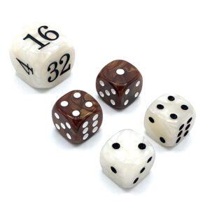 luck lab backgammon pearl dice set - 22 mm doubling cube plus four 16 mm dice with storage bag, brown/white marbelized