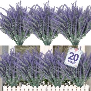 turnmeon 20 bundles artificial lavender outdoor uv resistant flowers plastic fake flowers plants, artificial flowers faux plants for outdoor window box hanging planter home porch summer decor(purple)