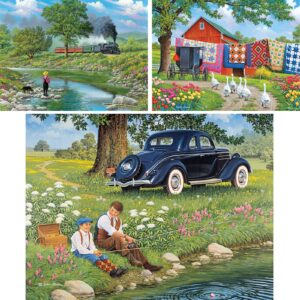 bits and pieces – value set of three 500 piece jigsaw puzzles for adults – around the bend, plain and fancy, father's day jigsaw puzzles by artist john sloane, completed puzzle size: 18" x 24"